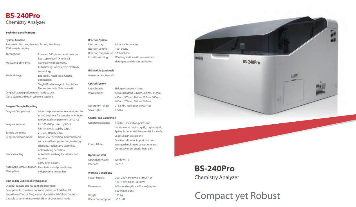 Mindray BS240 PRO Chemistry Analyzer - Macromed Philippines